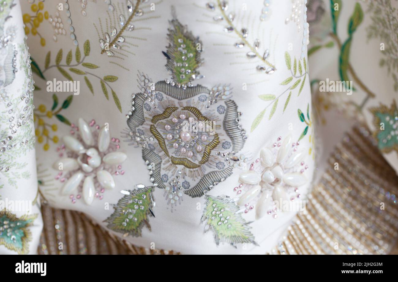Close detail of a Norman Hartnell replica design Coronation Gown used ...