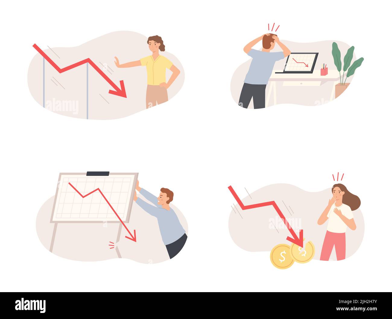 Finance decrease and crisis graph. Male and female characters analyzing market, business ...