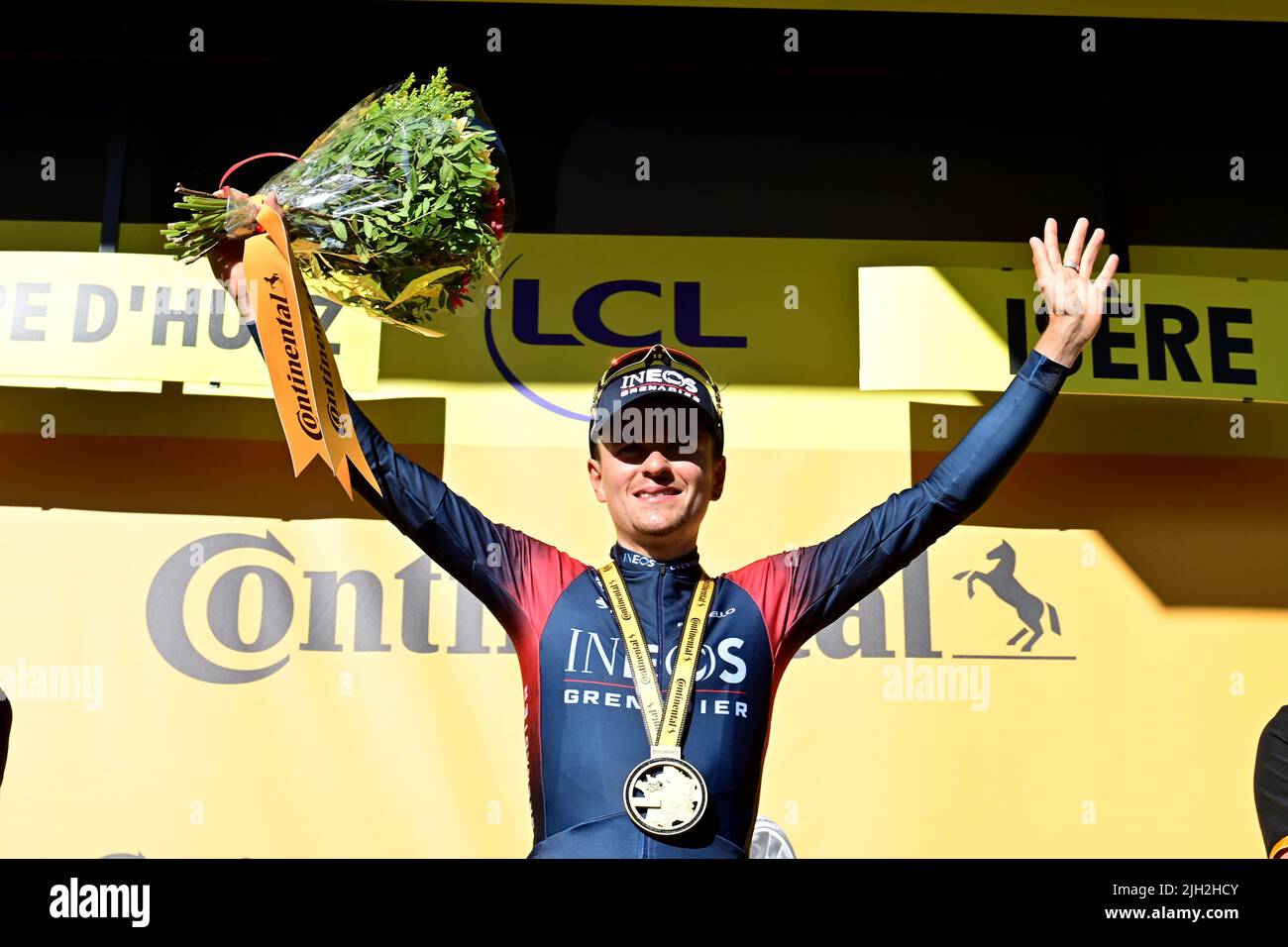 Huez, France, 14th July 2022. Thomas Pidcock of Great Britain and INEOS ...