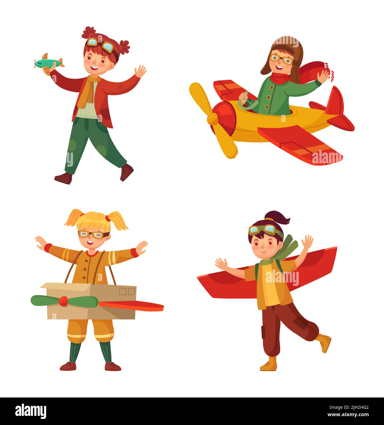 Kids in pilot costumes with toy plane made of card box dreaming of ...