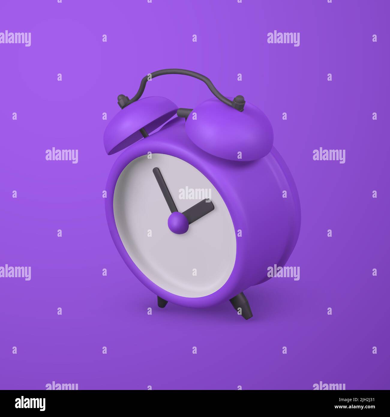 Cute cartoon purple alarm clock. 3d realistic table clock with shaddow ...