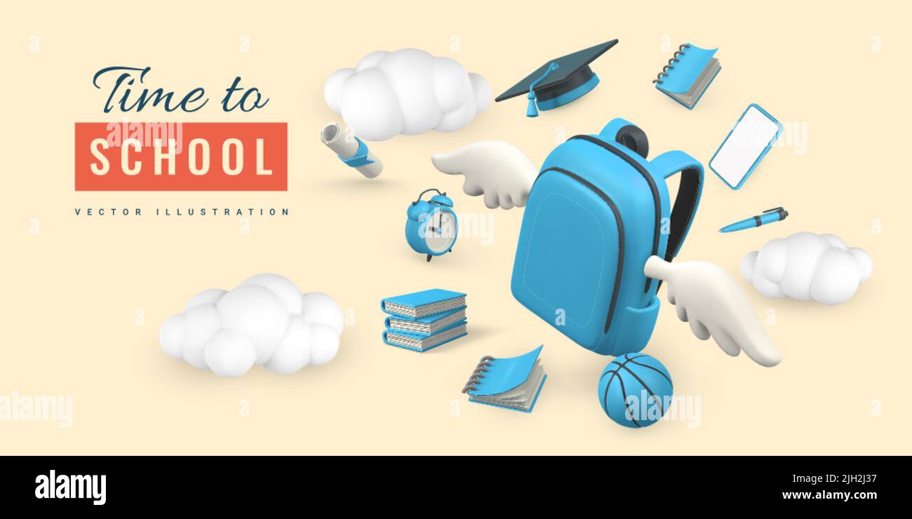 Time to school promo banner design. 3d realistic school bag with wings ...