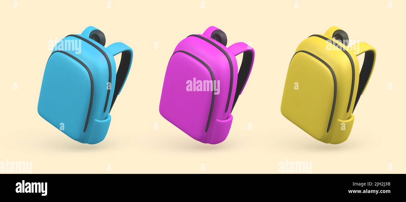 Set of cute cartoon backpacks. 3d realistic school bags. Back to school ...