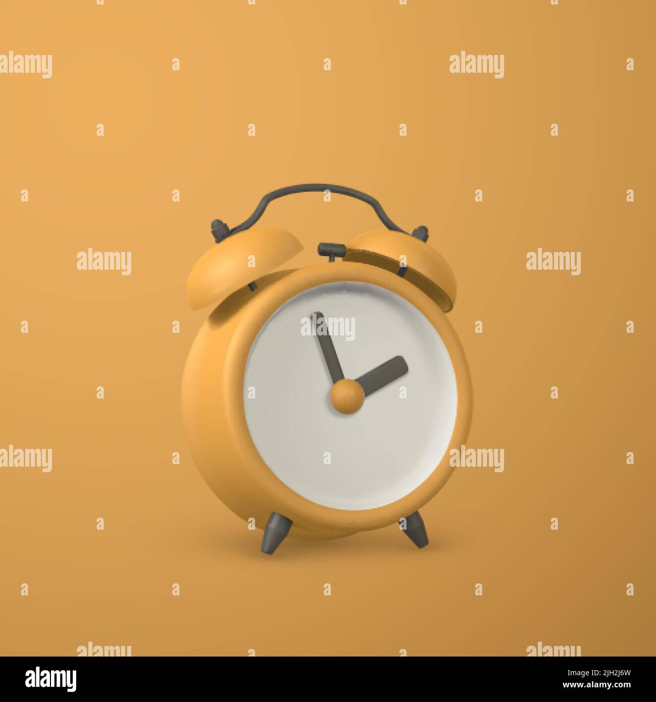 Cute cartoon yellow alarm clock. 3d realistic table clock with shaddow ...