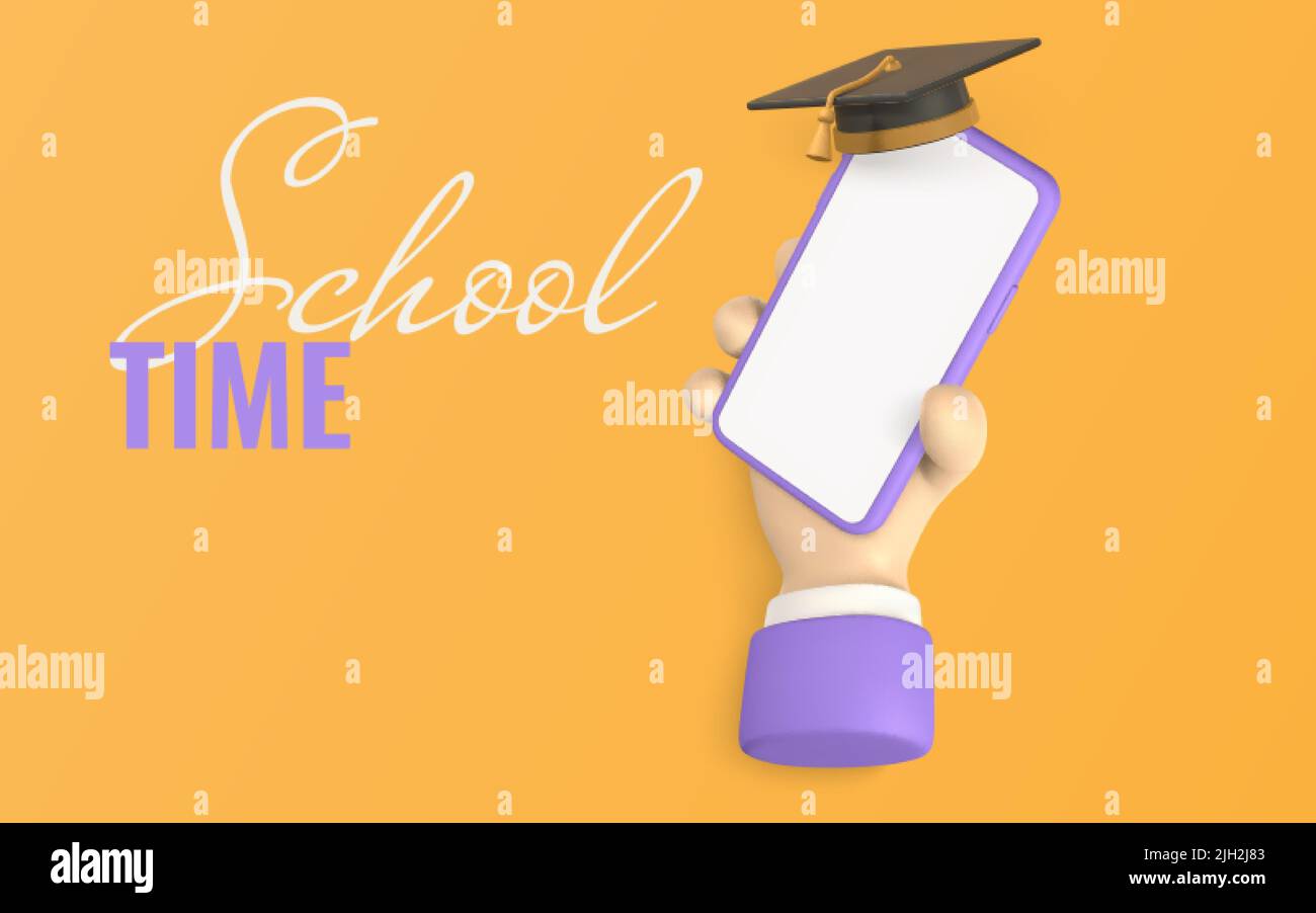 School time promo banner design. 3D Cute cartoon character hand holding ...