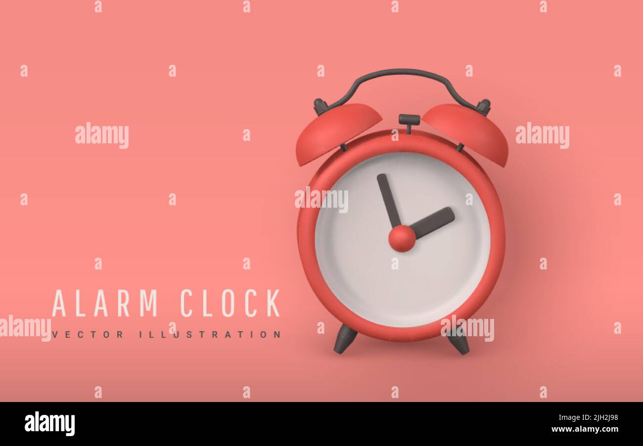Cute cartoon red alarm clock. 3d realistic table clock with shaddow ...