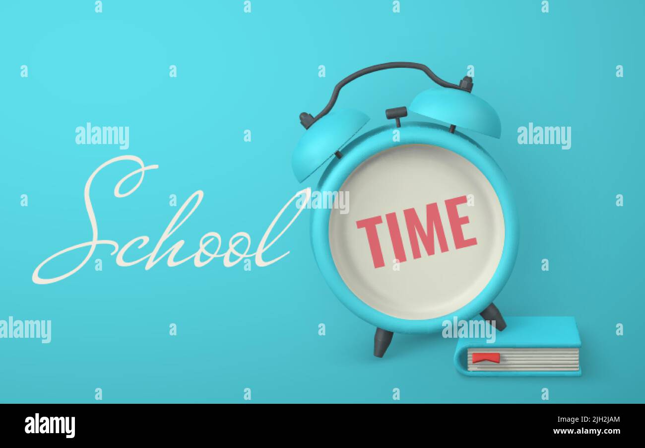School time promo banner design. Cute 3d alarm clock and book. Vector ...