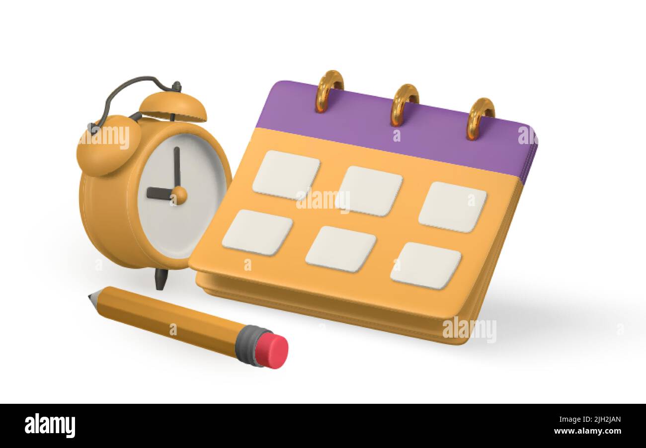 Cute cartoon calendar with pencil and clock. 3d realistic business note ...