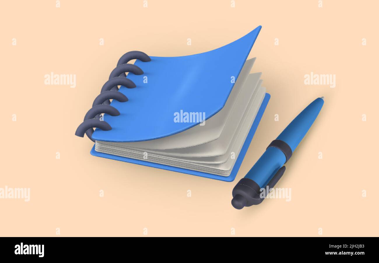 Cute cartoon notepad and pen. Realistic 3d school object. Vector ...