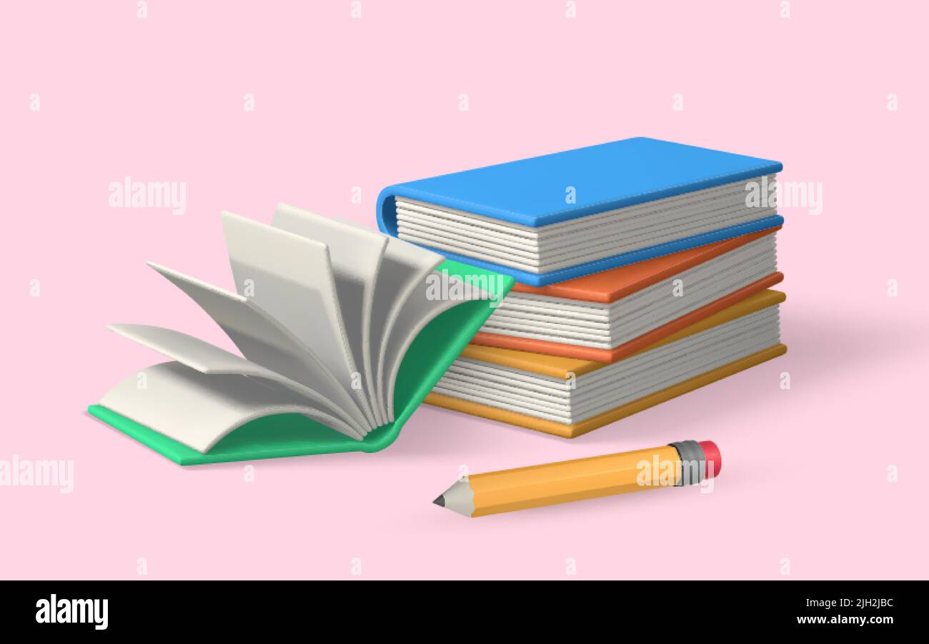 Cute cartoon book and pencil. Realistic 3d school object. Vector ...