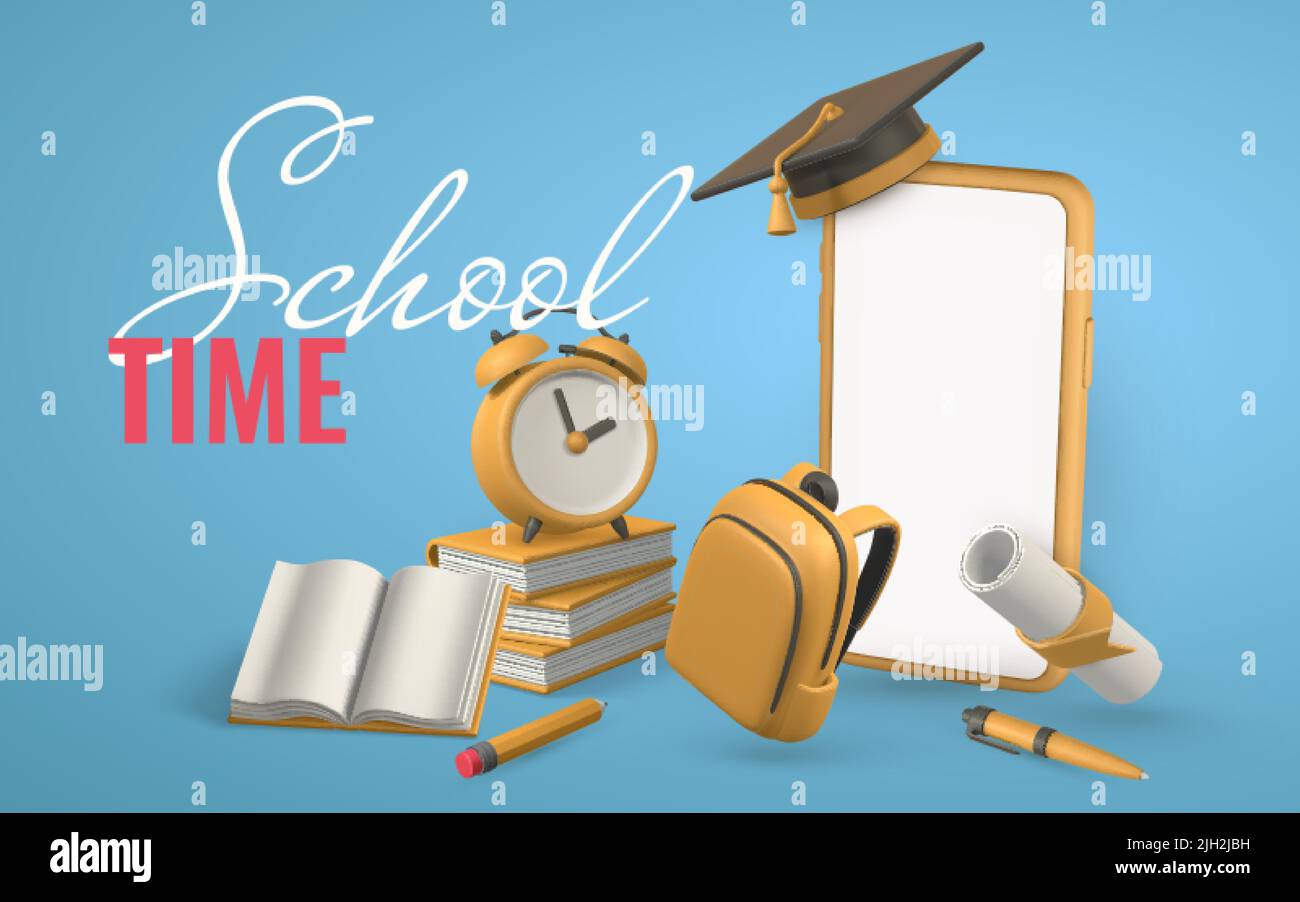 Online school concept. Phone with books, pencil, alarm clock ...