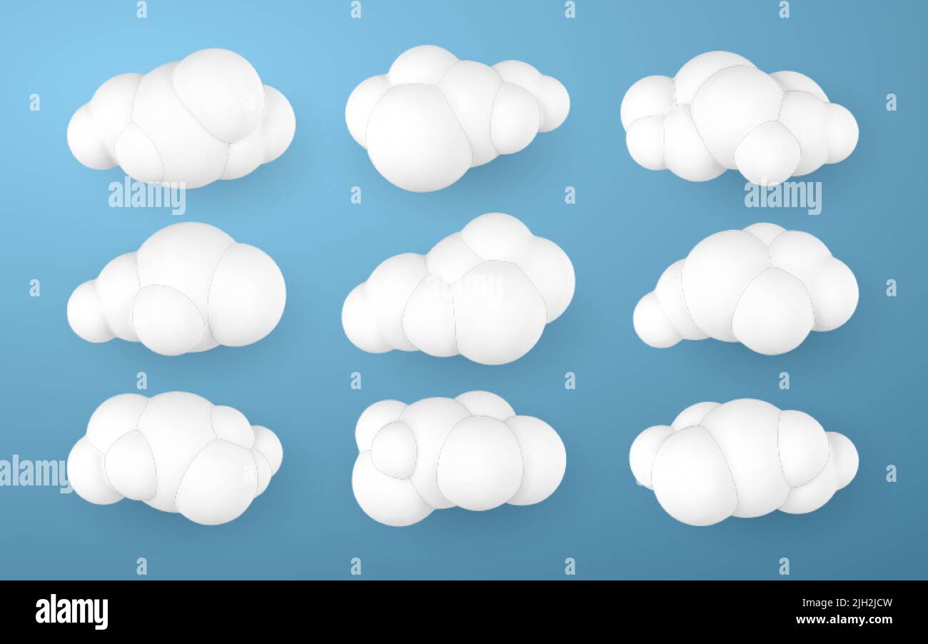 3d white clouds. Set of round cartoon fluffy clouds isolated on a blue ...
