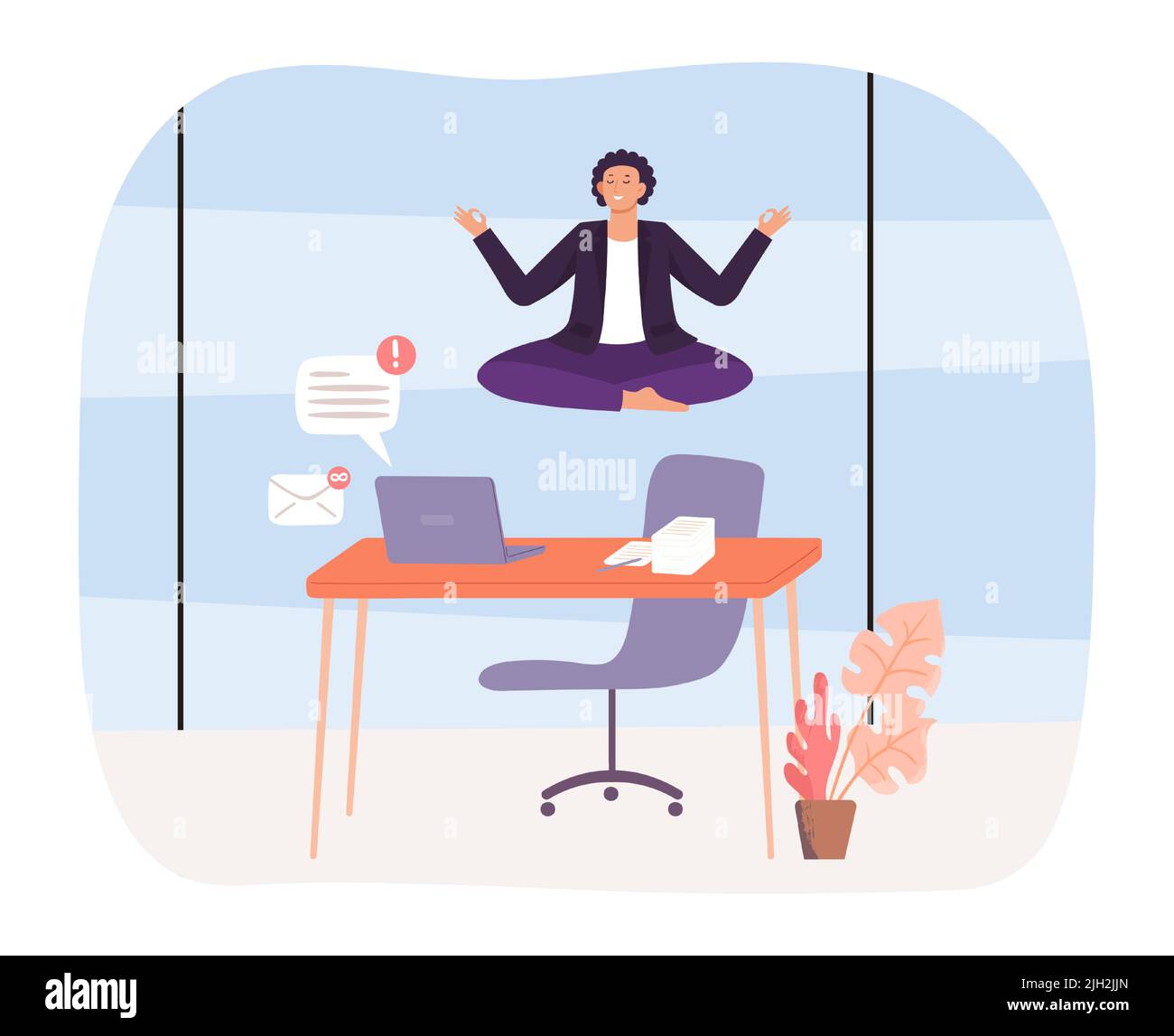 Office yoga. Employee sitting in lotus position. Worker levitating over ...