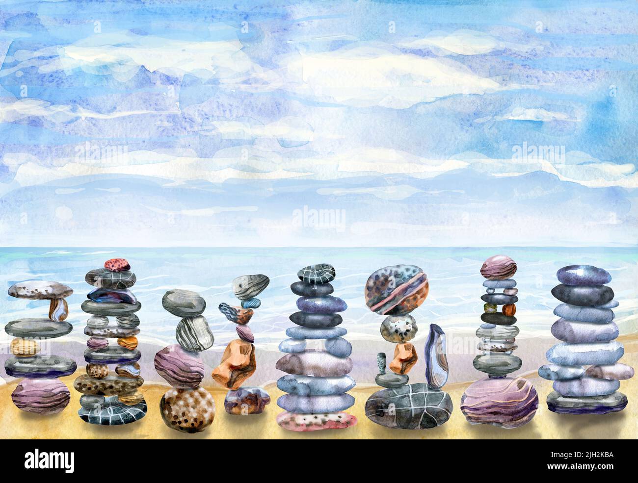 Watercolor seascape stacks of flat pebbles for wallpaper design ...