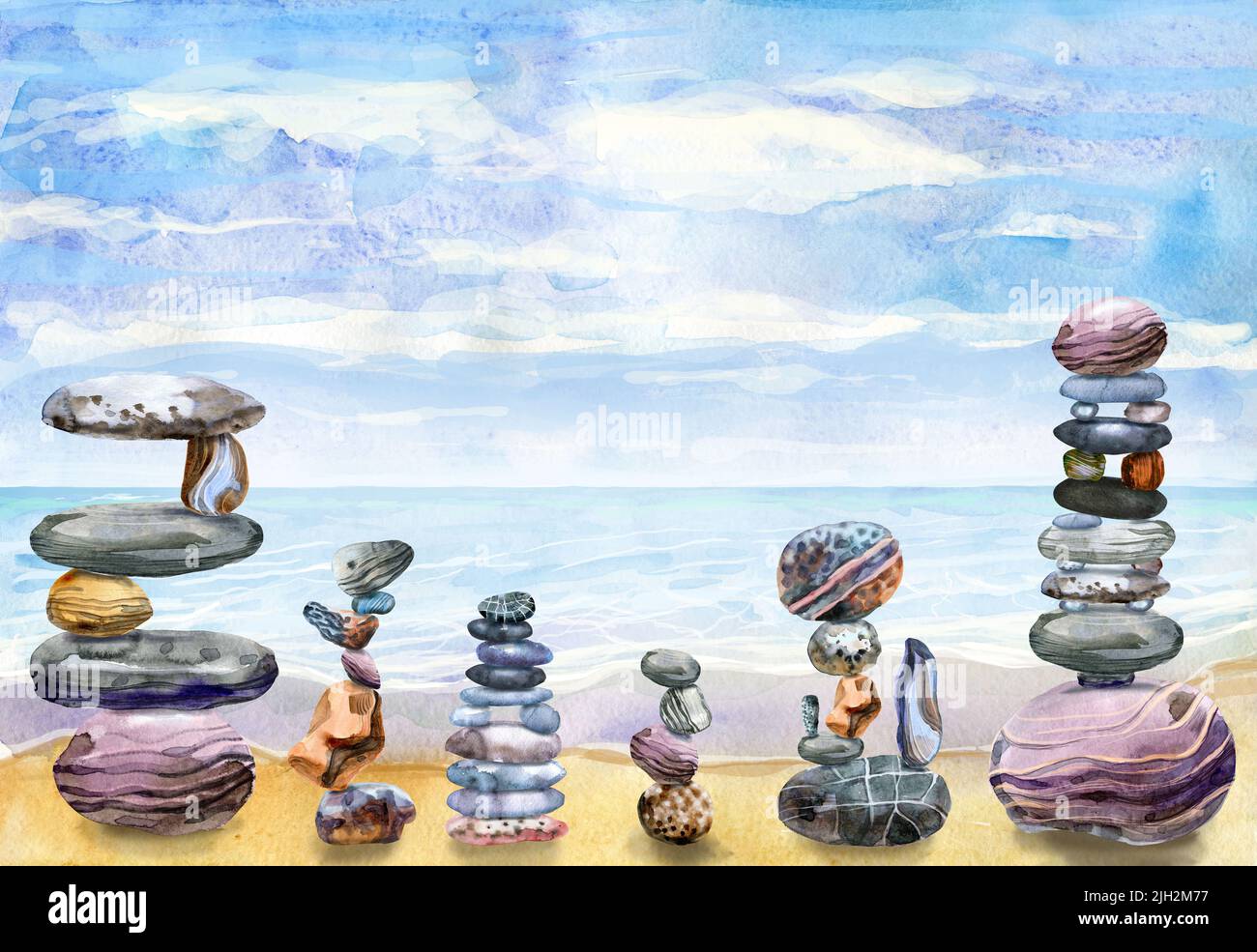 Watercolor seascape stacks of flat pebbles for wallpaper design ...