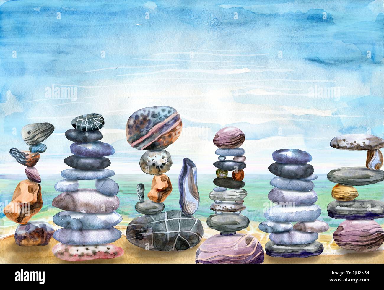 Watercolor seascape stacks of flat pebbles for wallpaper design ...