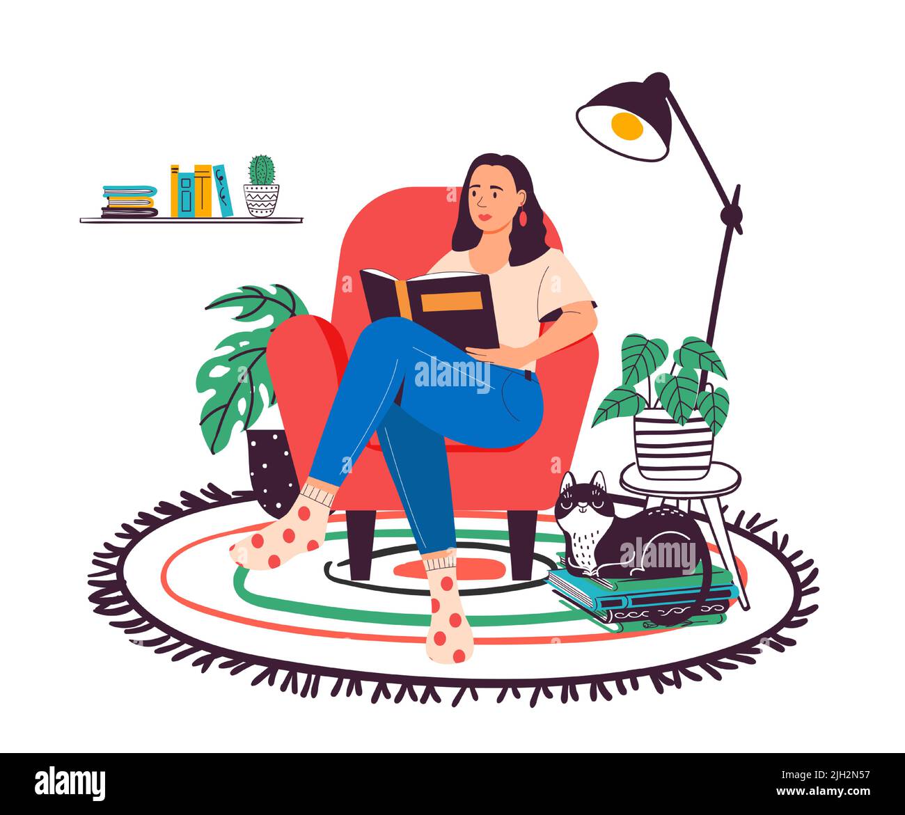 Woman Reading Book At Home Girl Sitting On Cozy Armchair With