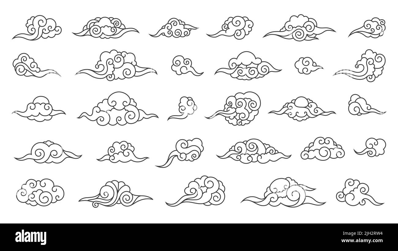 Oriental line clouds. Chinese Japanese Korean Asian outline ornamental ...