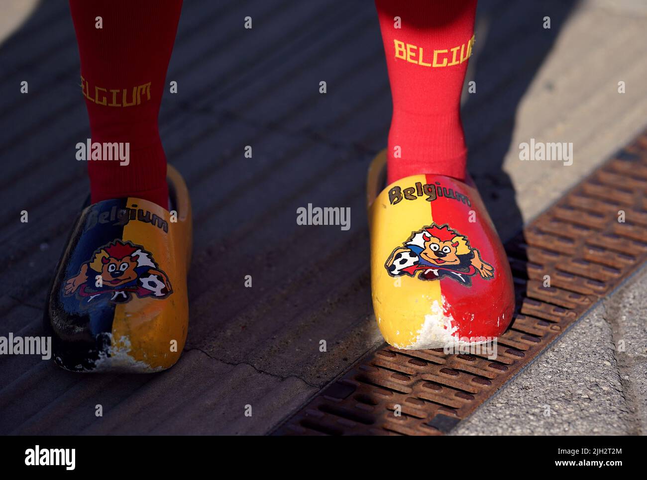 A Belgium fan wearing team clogs ahead of the UEFA Women's Euro 2022 ...