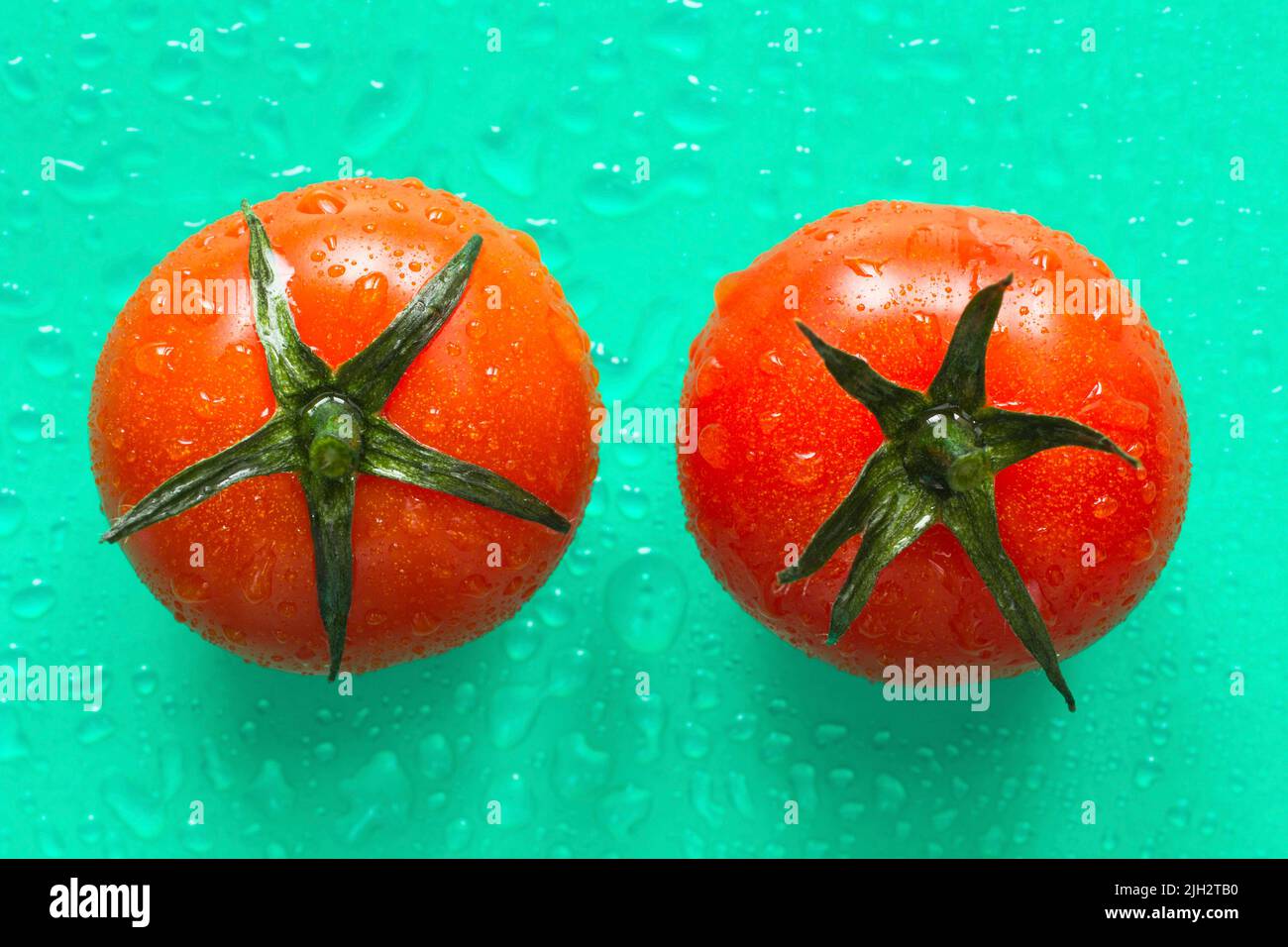Two red tomatoes with green leaves. Top view. Green background Stock ...