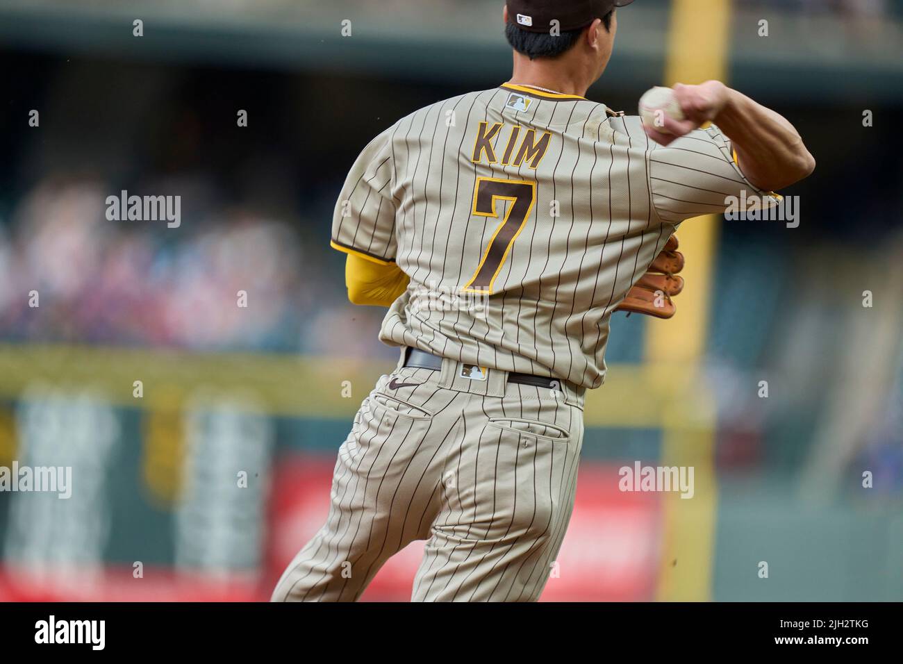 Denver CO, USA. 13th July, 2022. San Diego third baseman Ha Song Kim (7 ...