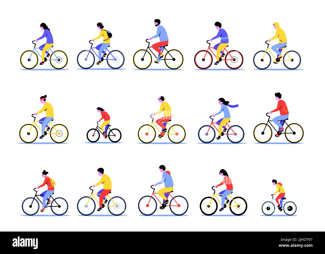 Person on bike. Cartoon active men and women ride the bicycle, cycling ...