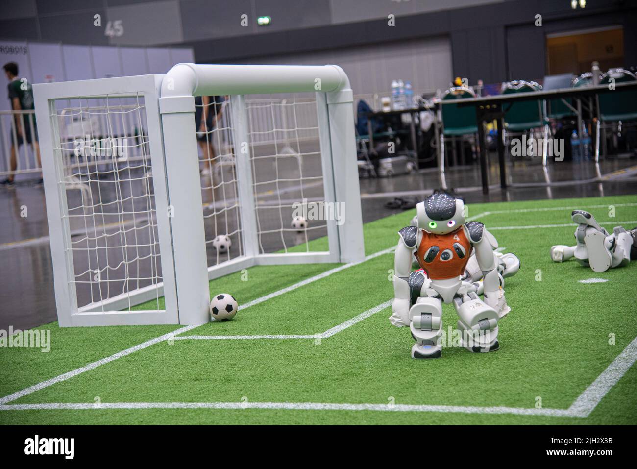 Bangkok, Thailand. 14th July, 2022. A robot tries to score a goal at ...