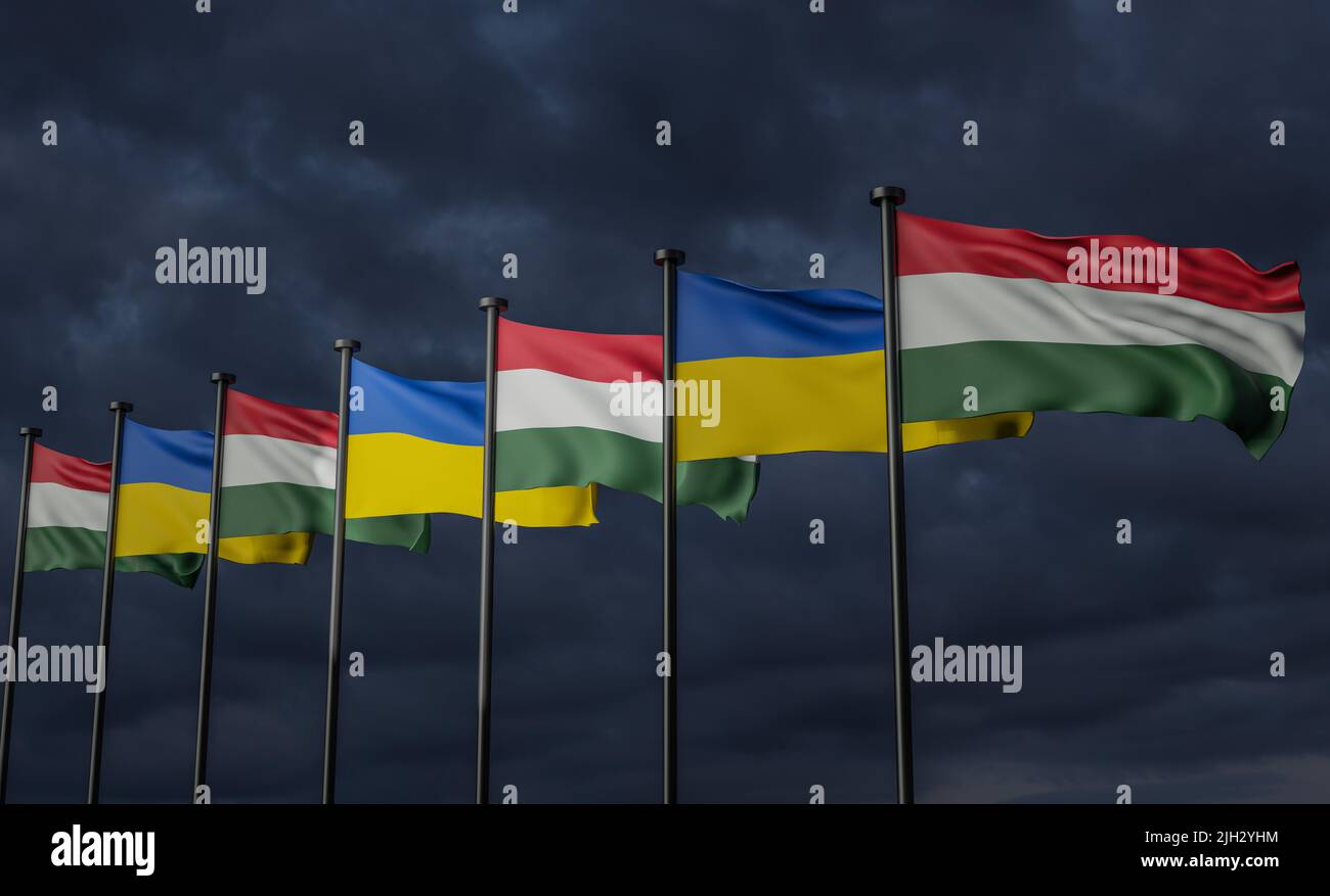 Ukraine and Hungary flags, Ukraine flag and Hungary flag with dark sky ...