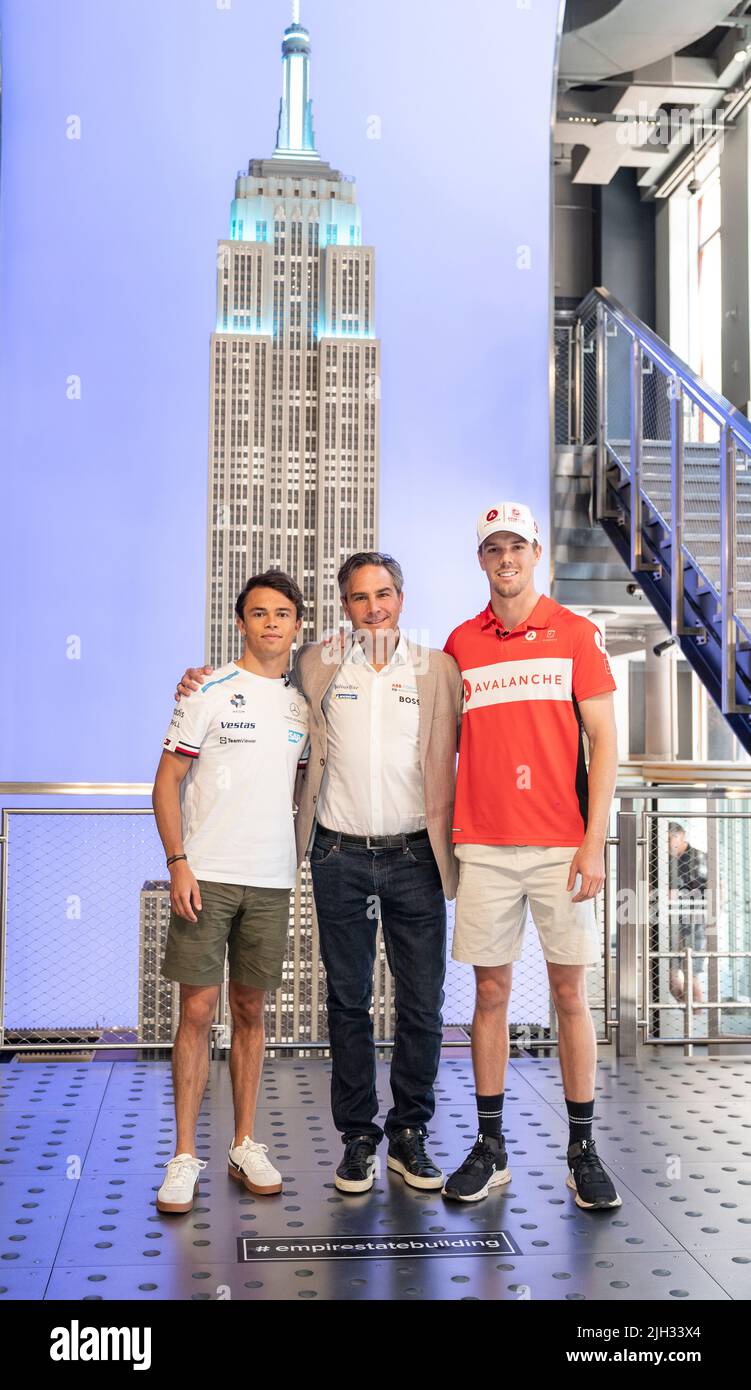 New York, NY - July 14, 2022: Driver Nyck de Vries, Formula E CEO Jamie ...