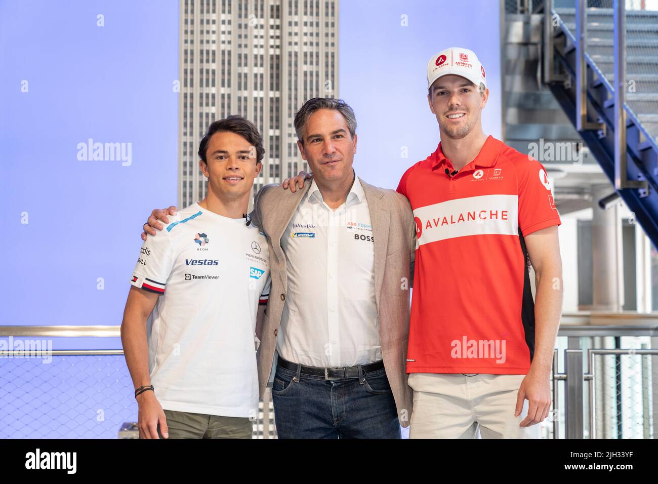 New York, NY - July 14, 2022: Driver Nyck de Vries, Formula E CEO Jamie ...