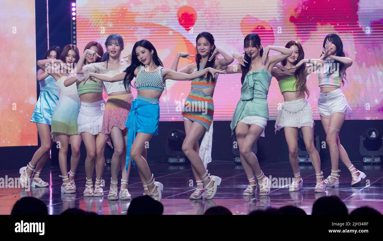 Goyang, South Korea. 13th July, 2022. K-Pop girl group fromis 9, performs on the stage during a ...