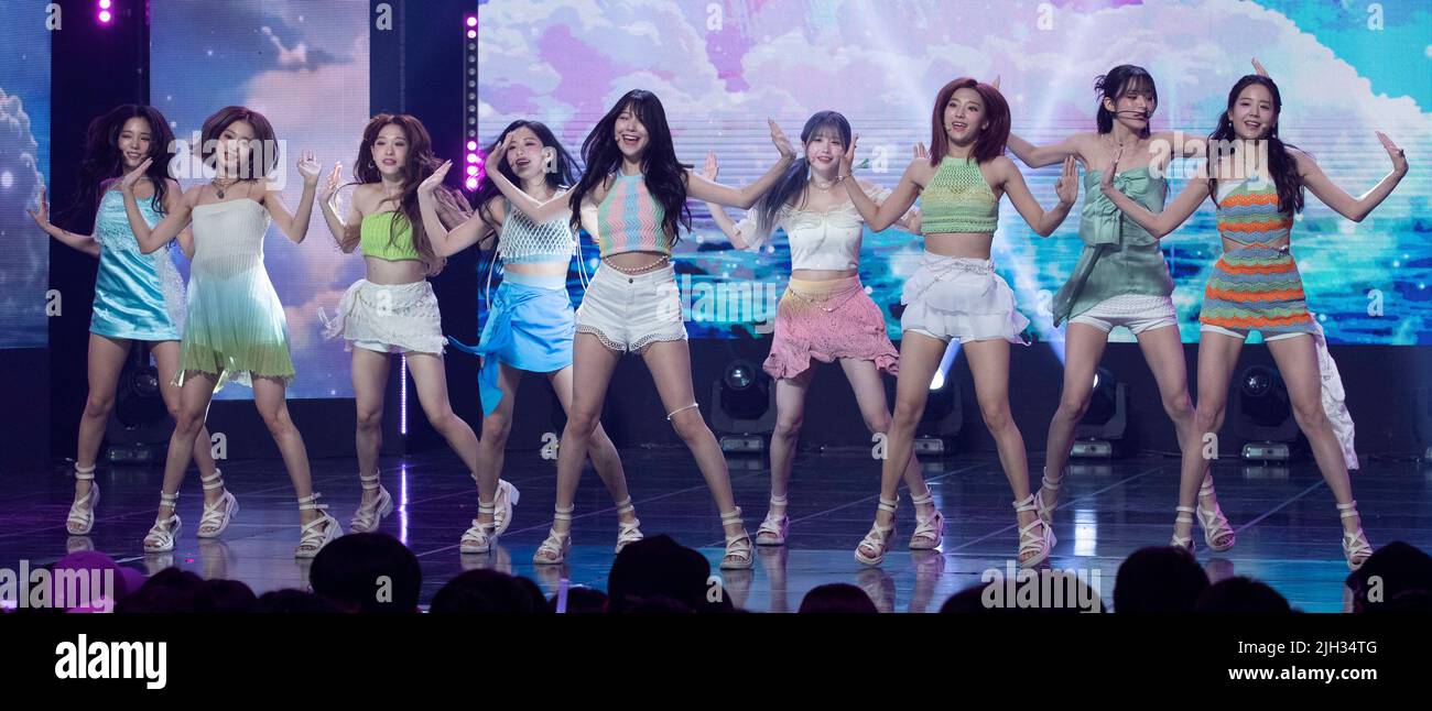 Goyang, South Korea. 13th July, 2022. K-Pop girl group fromis 9, performs on the stage during a ...
