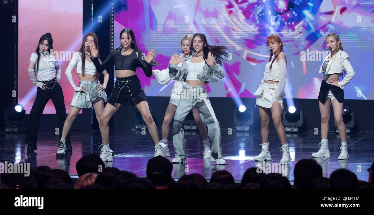 Goyang, South Korea. 13th July, 2022. K-Pop Japanese girl group XG, performs on the stage during ...