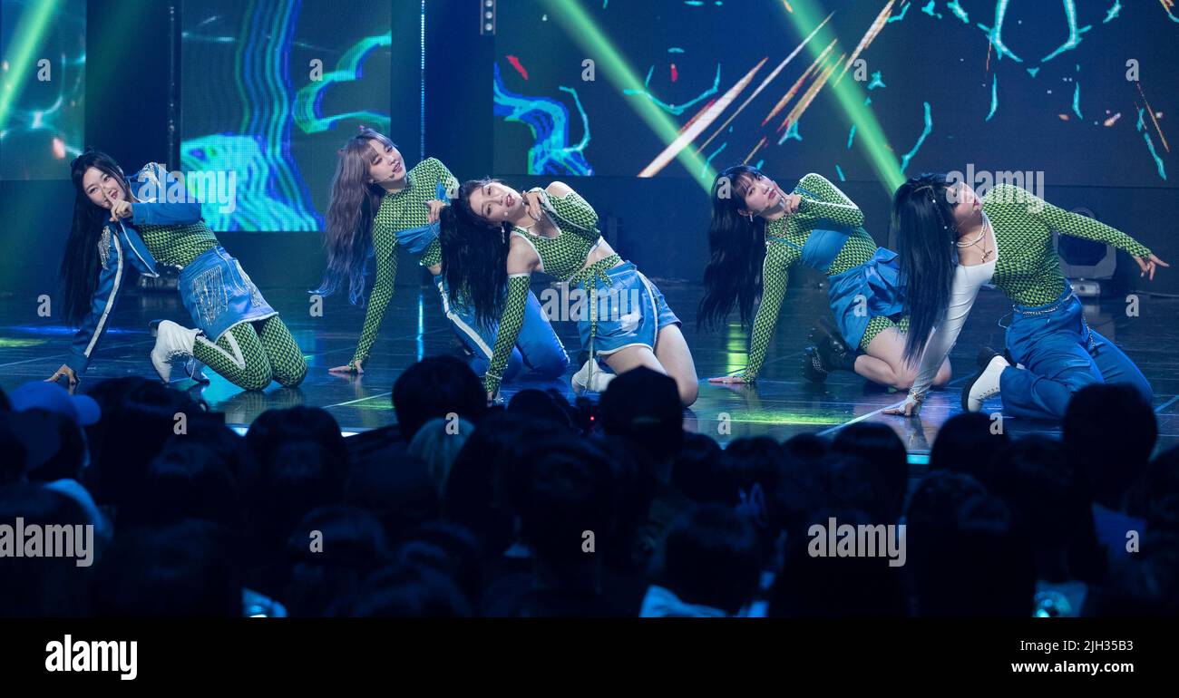 13 July 2022 - Goyang, South Korea : K-Pop girl group PIXY, performs on the stage during a MBC ...