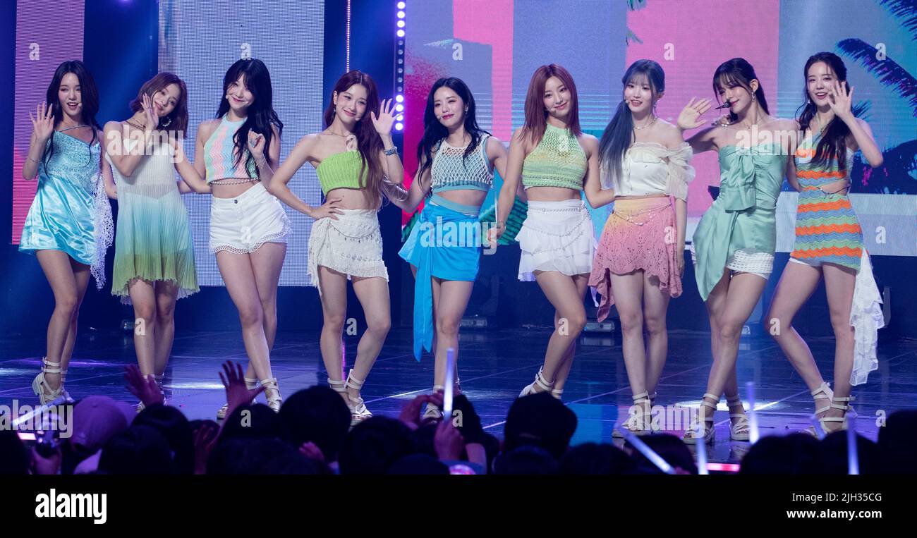 13 July 2022 - Goyang, South Korea : K-Pop girl group fromis 9, performs on the stage during a ...