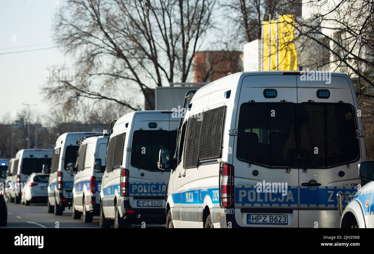 Warsaw, Poland - March 24, 2022: Several police cars on the street in ...