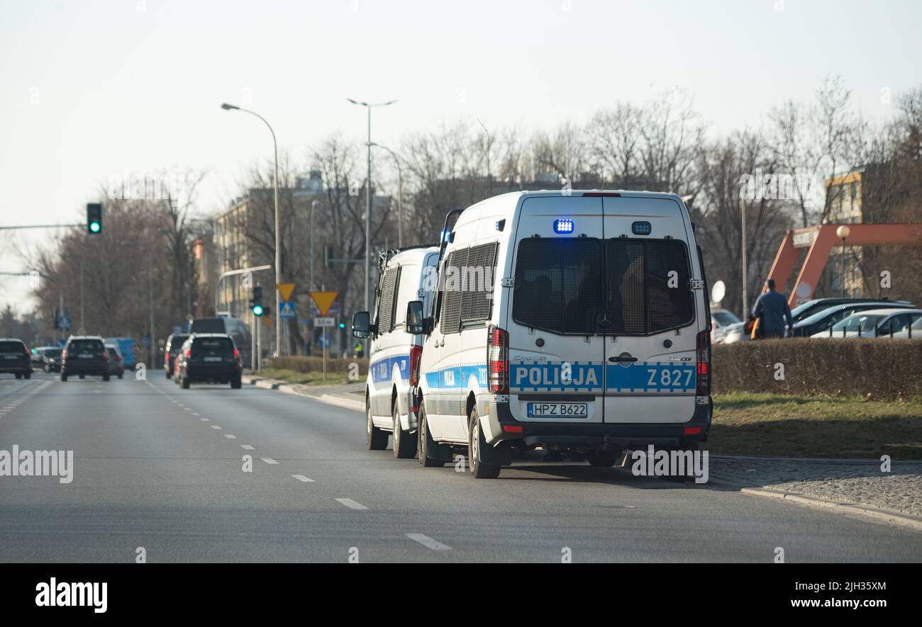 Warsaw, Poland - March 24, 2022: Several police cars on the street in ...