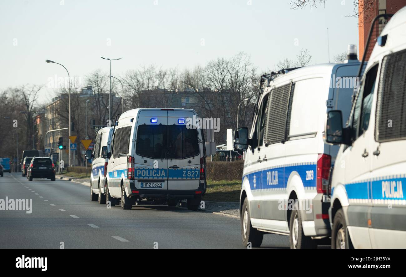 Warsaw, Poland - March 24, 2022: Several police cars on the street in ...