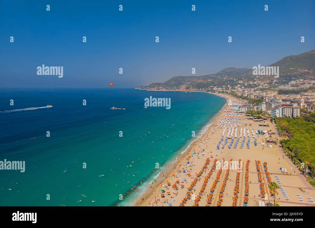 An aerial view of the bay Alanya in Antalya Turkey. Sea and city with ...