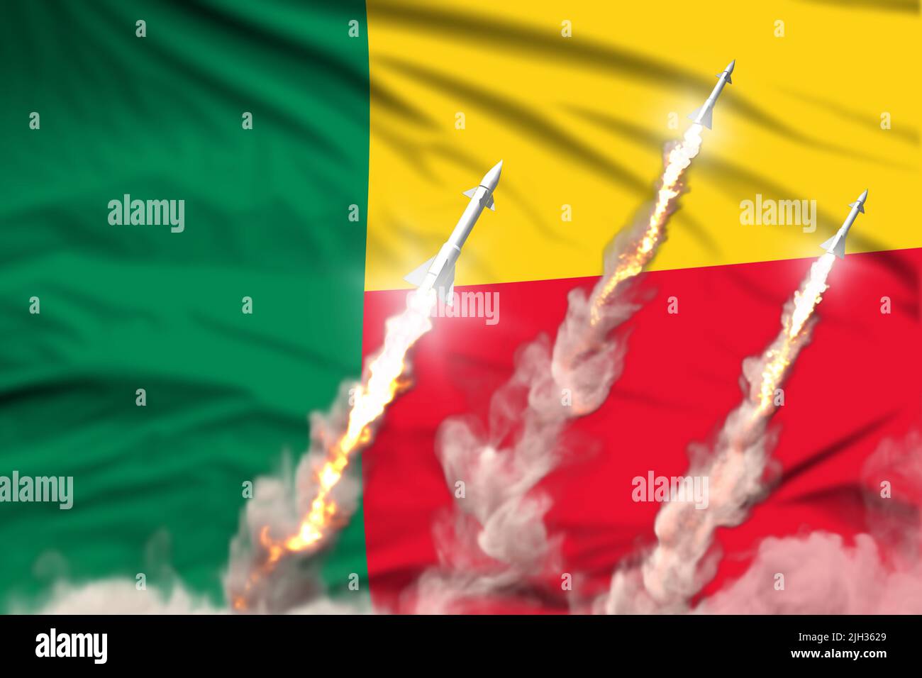 Modern strategic rocket forces concept on flag fabric background, Benin ...