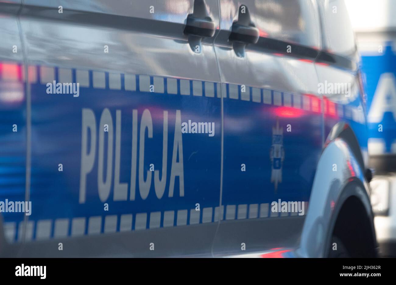 Warsaw, Poland - March 24, 2022: Several police cars on the street in ...