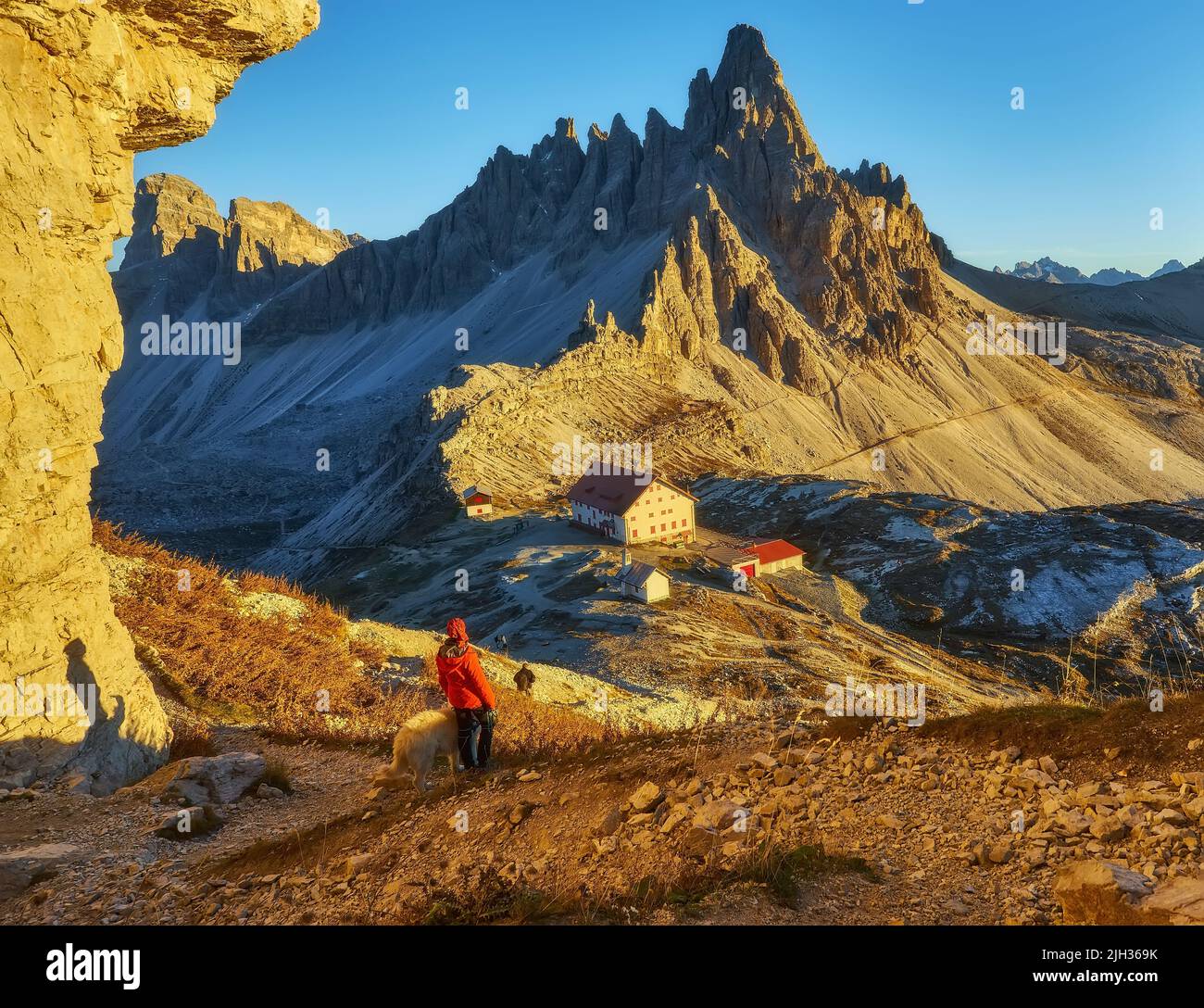 Dolomites mountain panorama in Italy at sunset - Tre Cime di Lavaredo ...