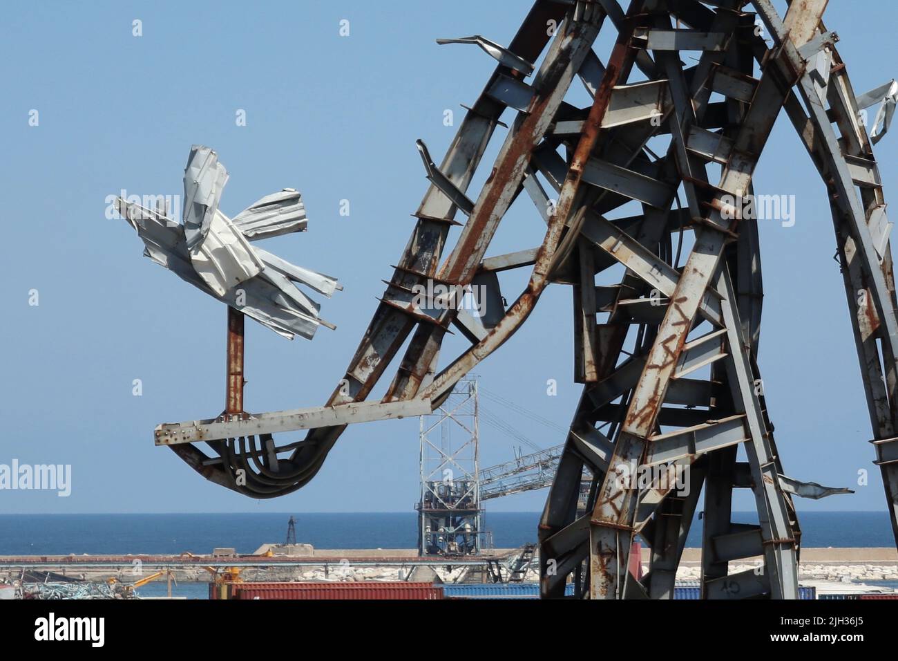 Beirut, Lebanon. 14th July, 2022. A detail of “The Gesture” statue seen ...