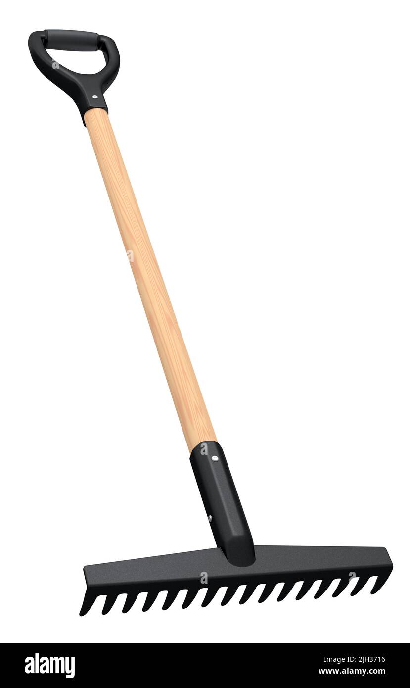 Garden rake with wooden handle for harvesting hay isolated on white ...