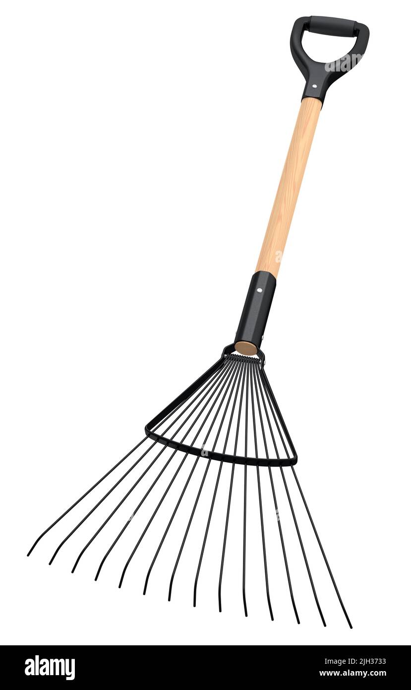 Garden rake with wooden handle for harvesting hay isolated on white ...