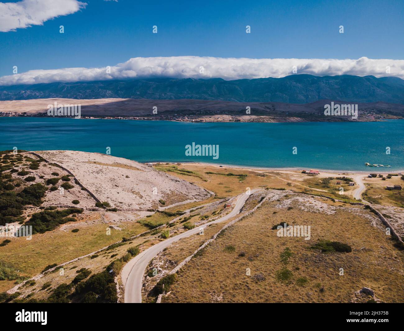 Drone flight over the beautiful island of Pag in Croatia, simuni ...