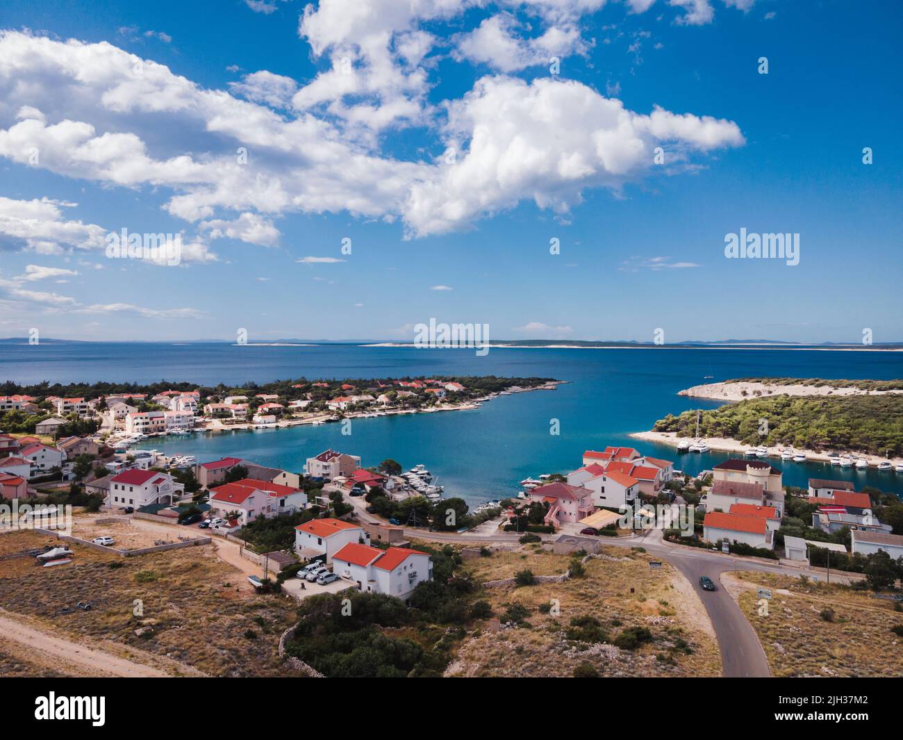 Drone flight over the beautiful island of Pag in Croatia, simuni ...