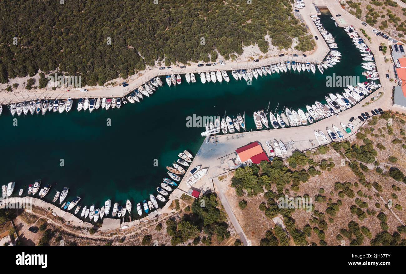 Drone flight over the beautiful island of Pag in Croatia, simuni ...