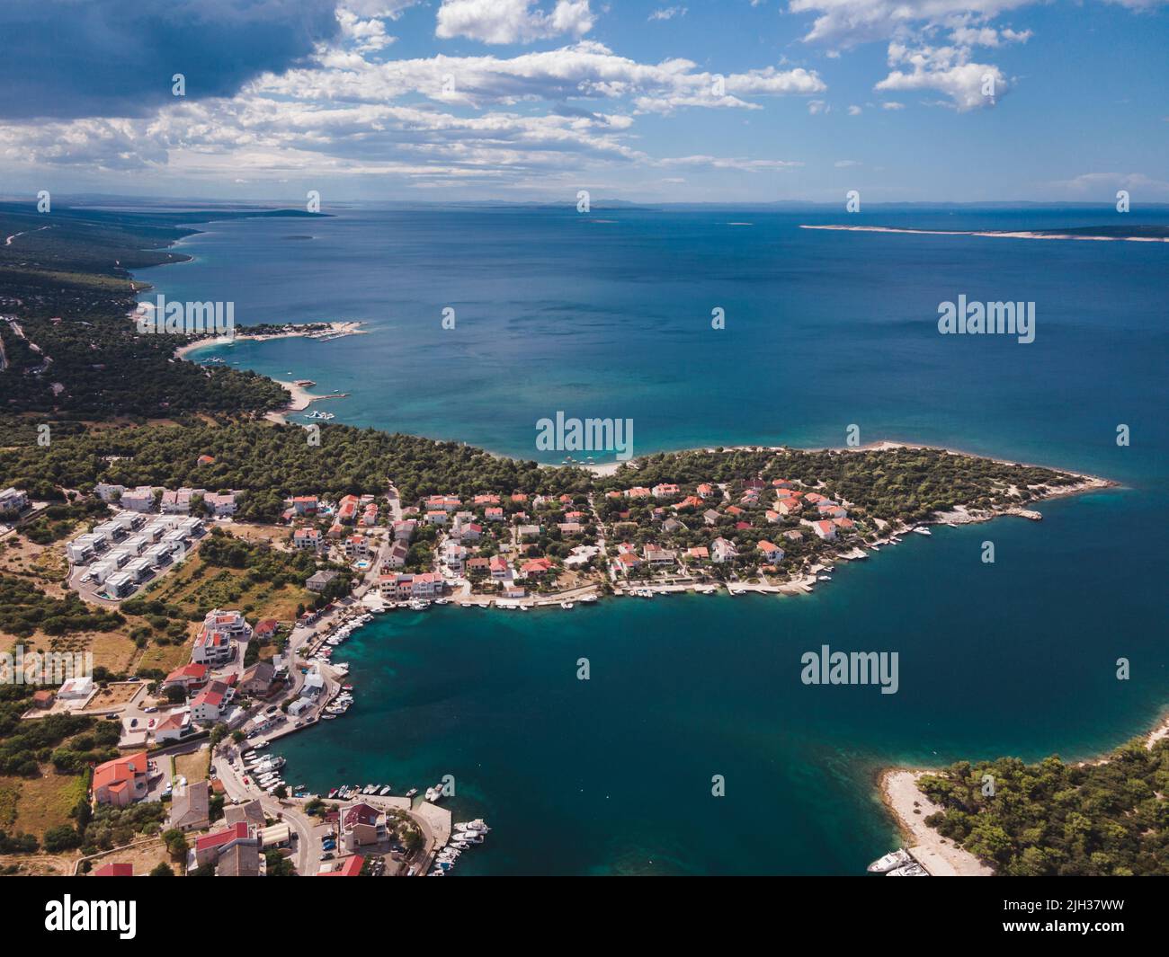 Drone flight over the beautiful island of Pag in Croatia, simuni ...
