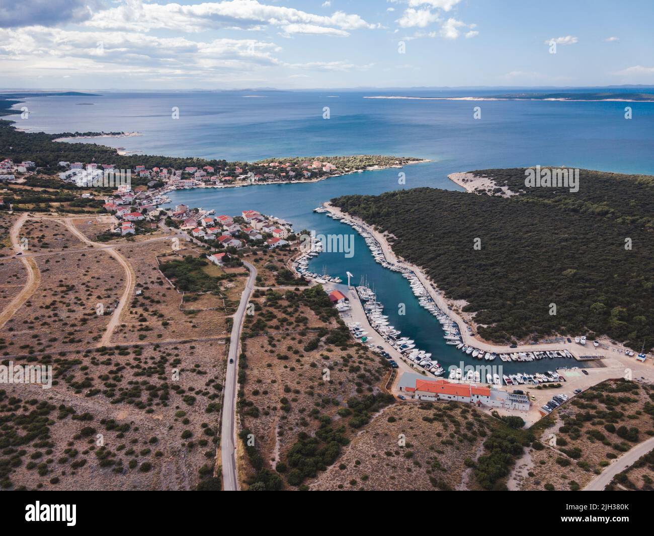 Drone flight over the beautiful island of Pag in Croatia, simuni ...